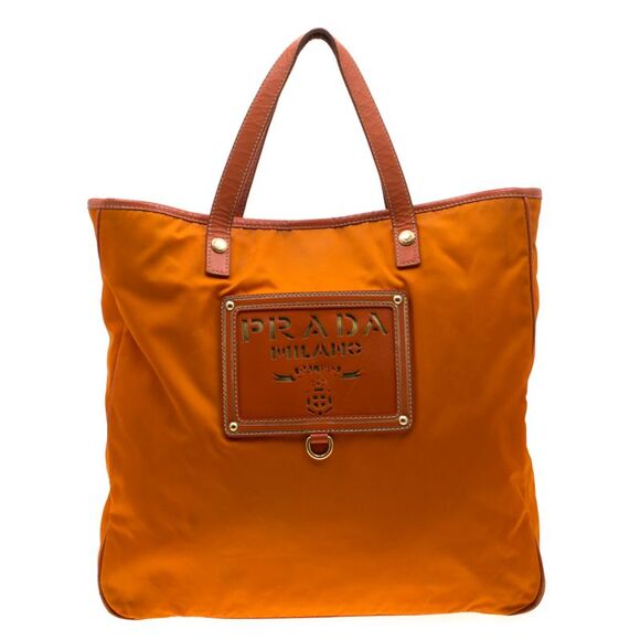 Prada | Bags | Prada Orange Nylon And Leather Lasercut Logo Tote | Poshmark